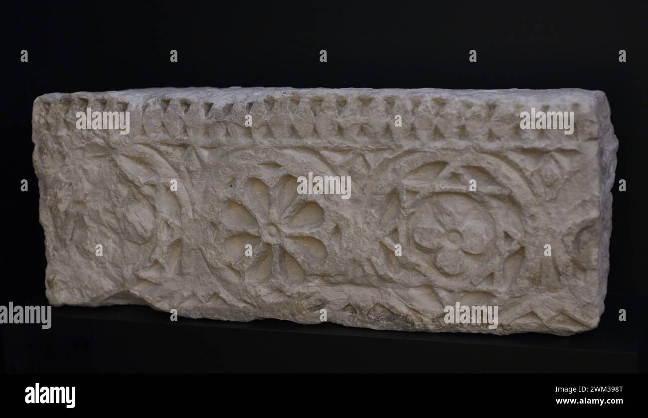 Impost block. Circle decoration with eight-petal rosette and inscribed ...