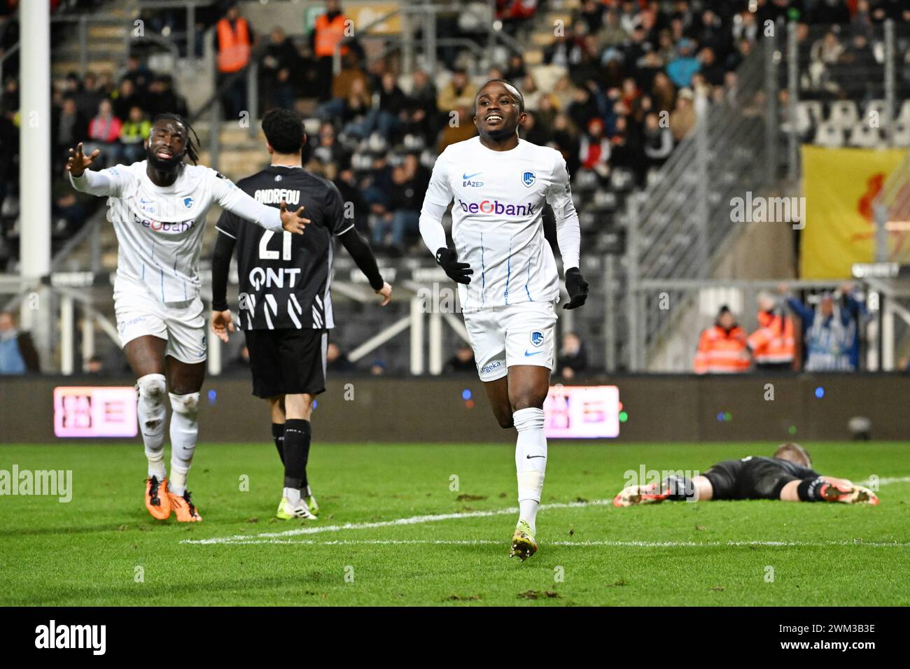 Charleroi, Belgium . 23rd Feb, 2024. Yira Sor of Genk celebrates after ...
