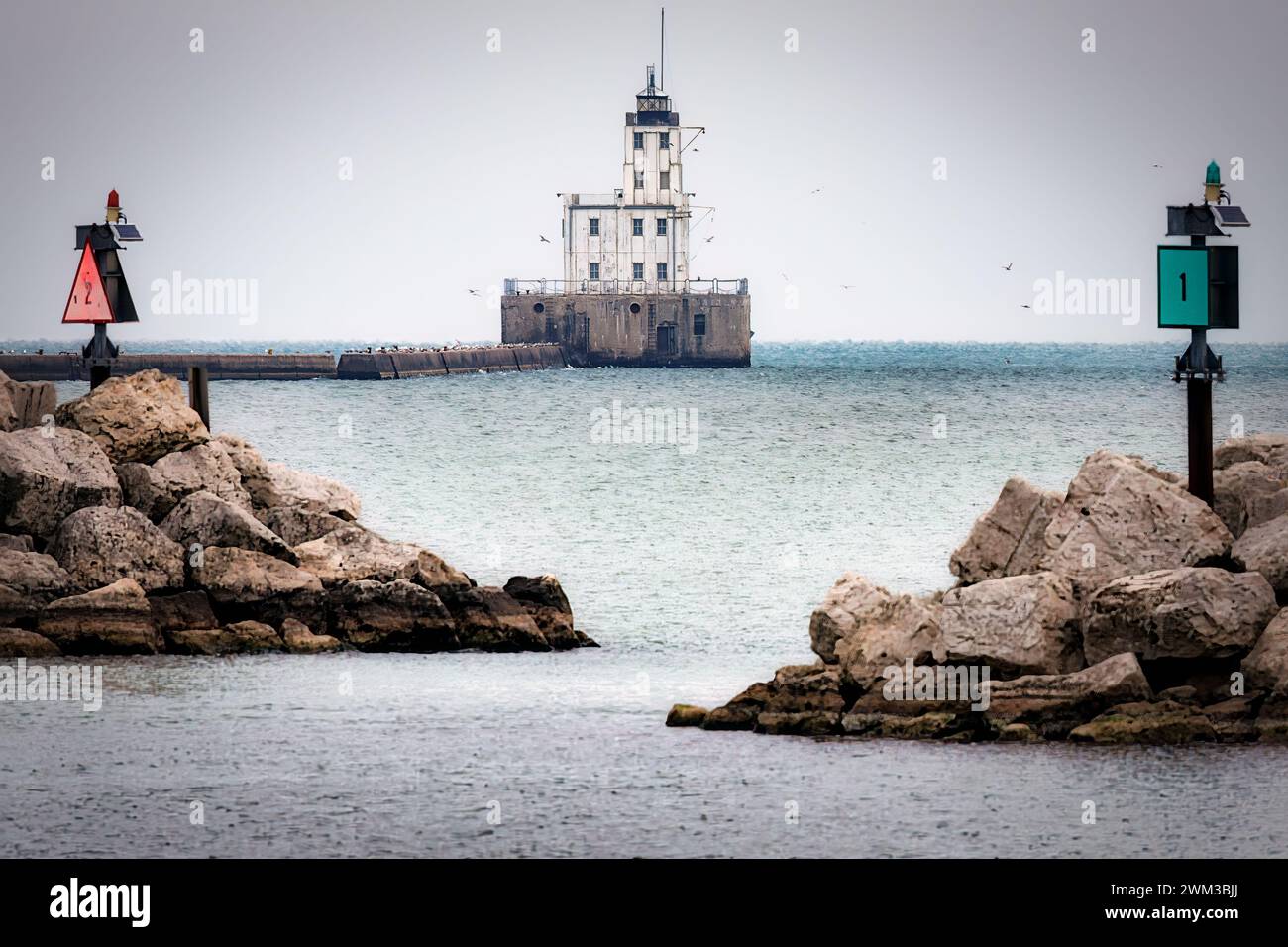 Milwaukee Breakwater Lighthouse, built in 1926, as seen from Lakeshore ...