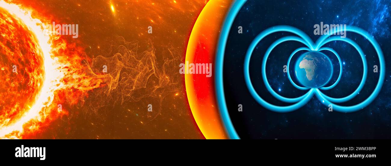 Sun and solar storm, Earth's magnetic field, Earth and solar wind, flow ...