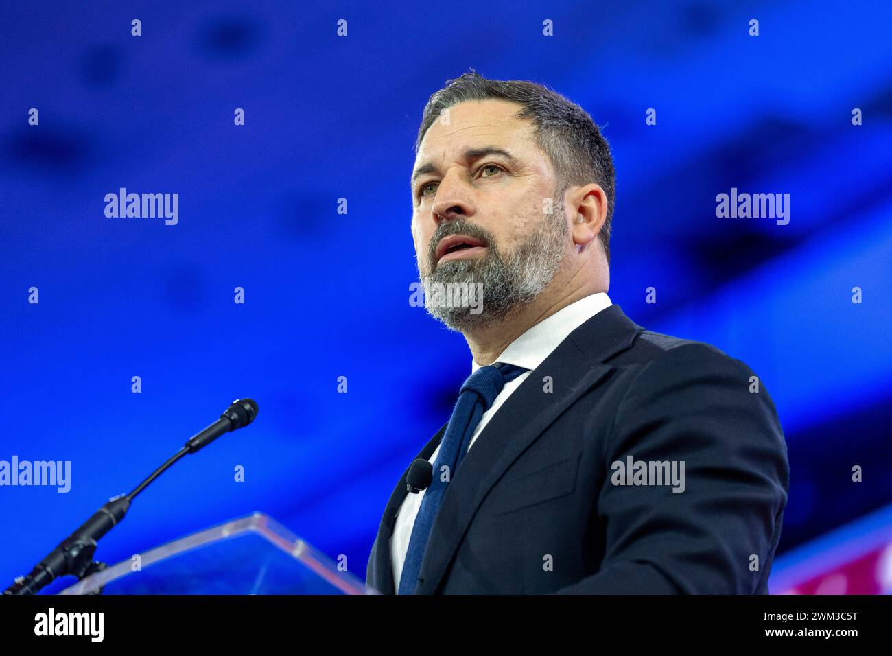 Santiago Abascal, leader of the far-right Vox party, speaks during the ...