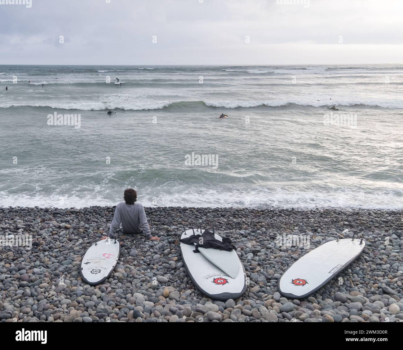 surfer next to three surfboards on a beach with pebbles, ready to enter ...
