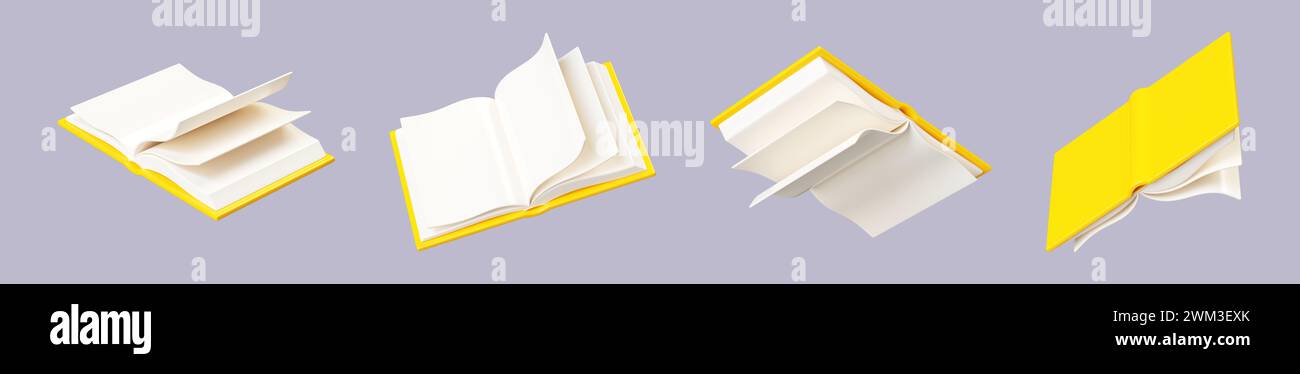 Open paper book with white pages and yellow hard cover floating in air ...