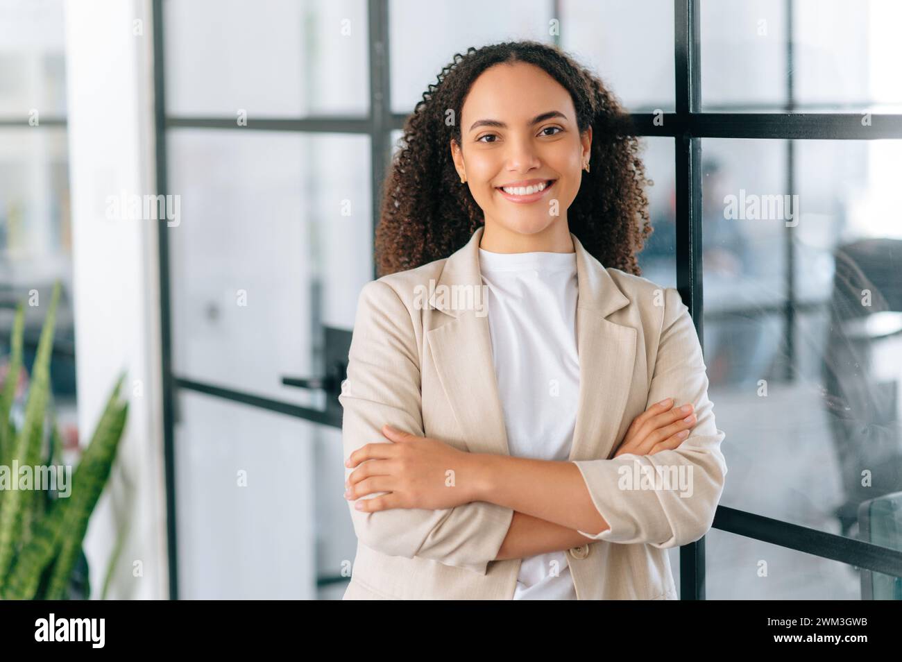 Beautiful successful latin young curly haired business woman in elegant ...