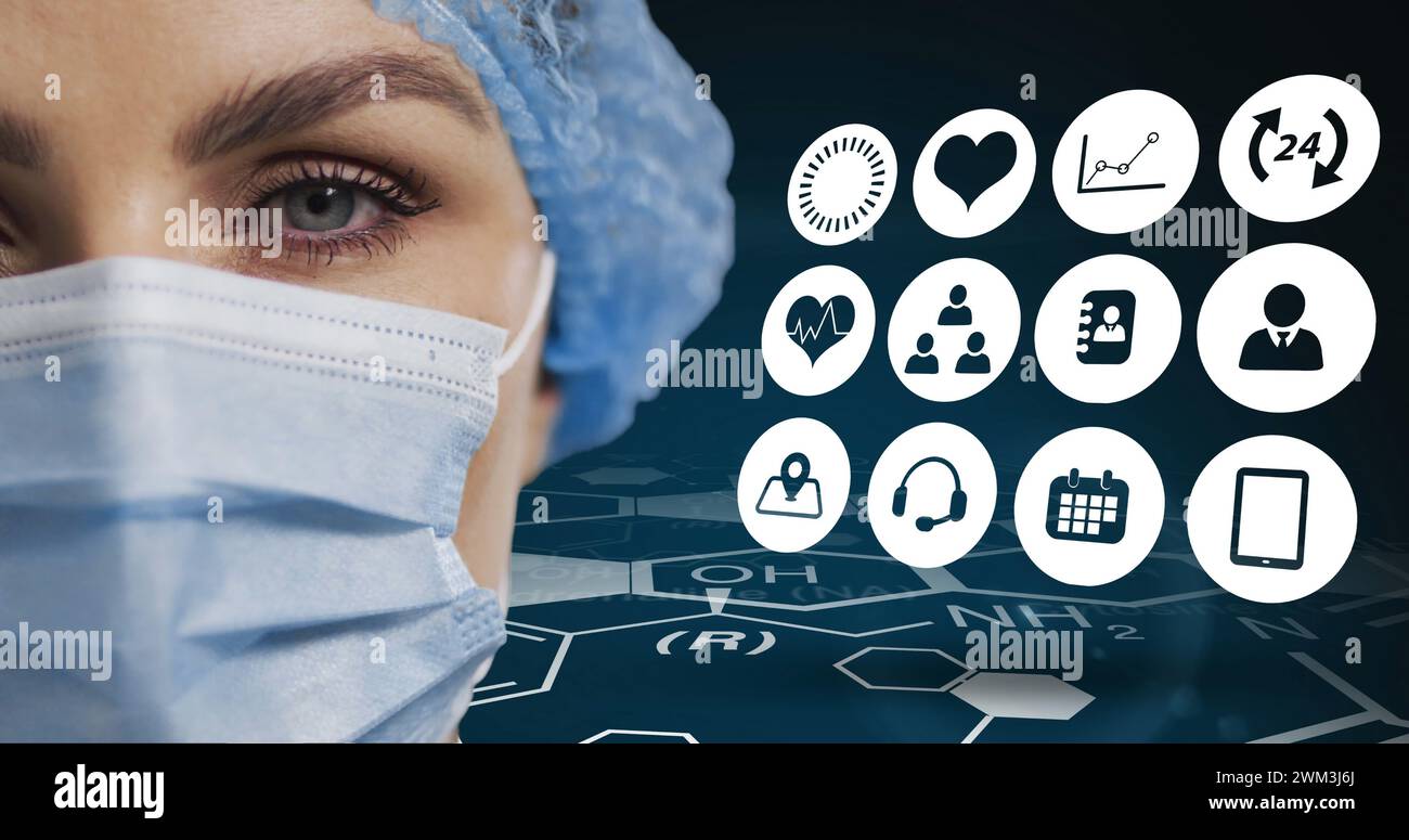 Multiple medical icons against portrait of caucasian female surgeon ...