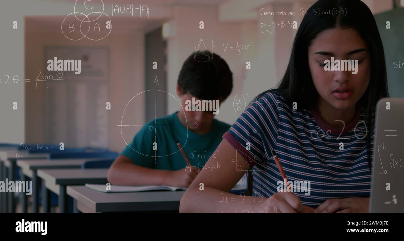 Image of mathematical equations with school children writing in ...