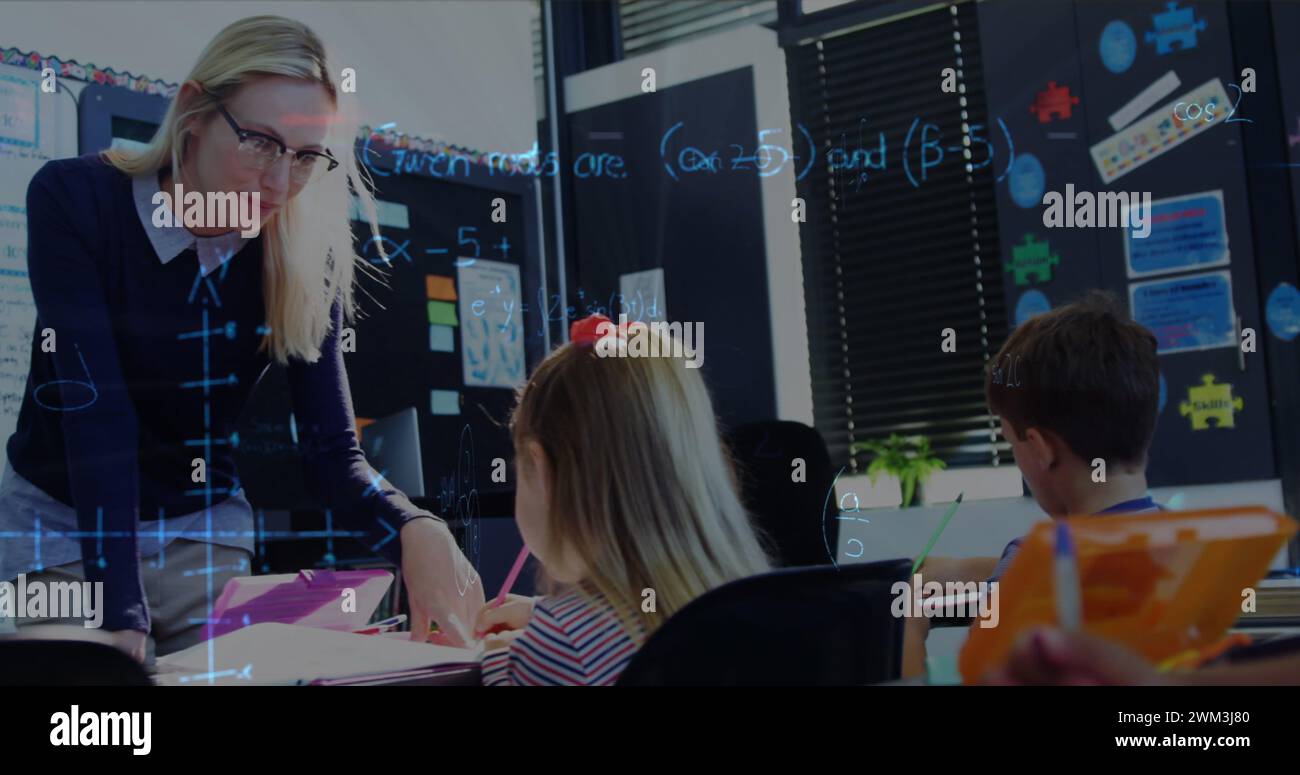 Image of mathematical equations over female teacher and school children ...