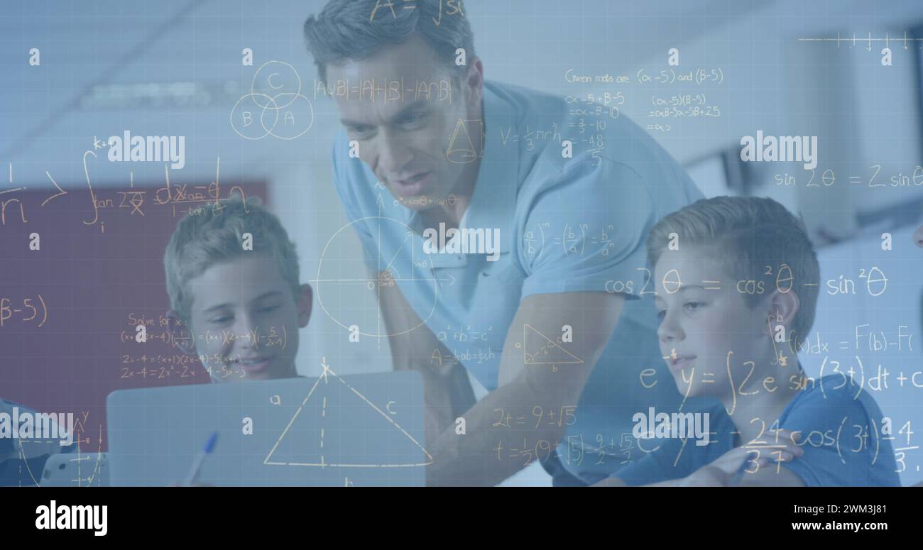 Image of mathematical equations with male teacher and school children ...
