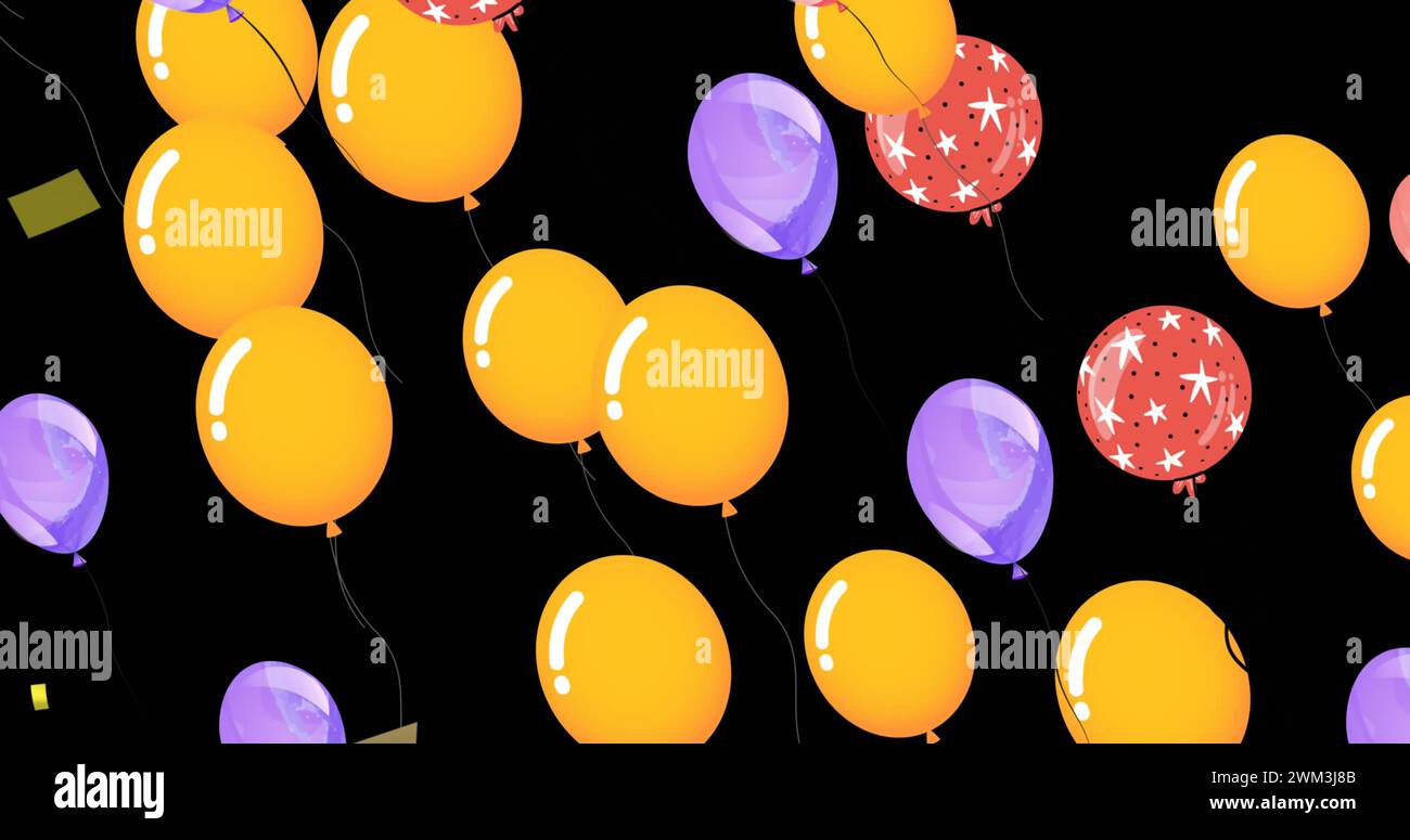 Image of colorful balloons flying and falling confetti over black ...