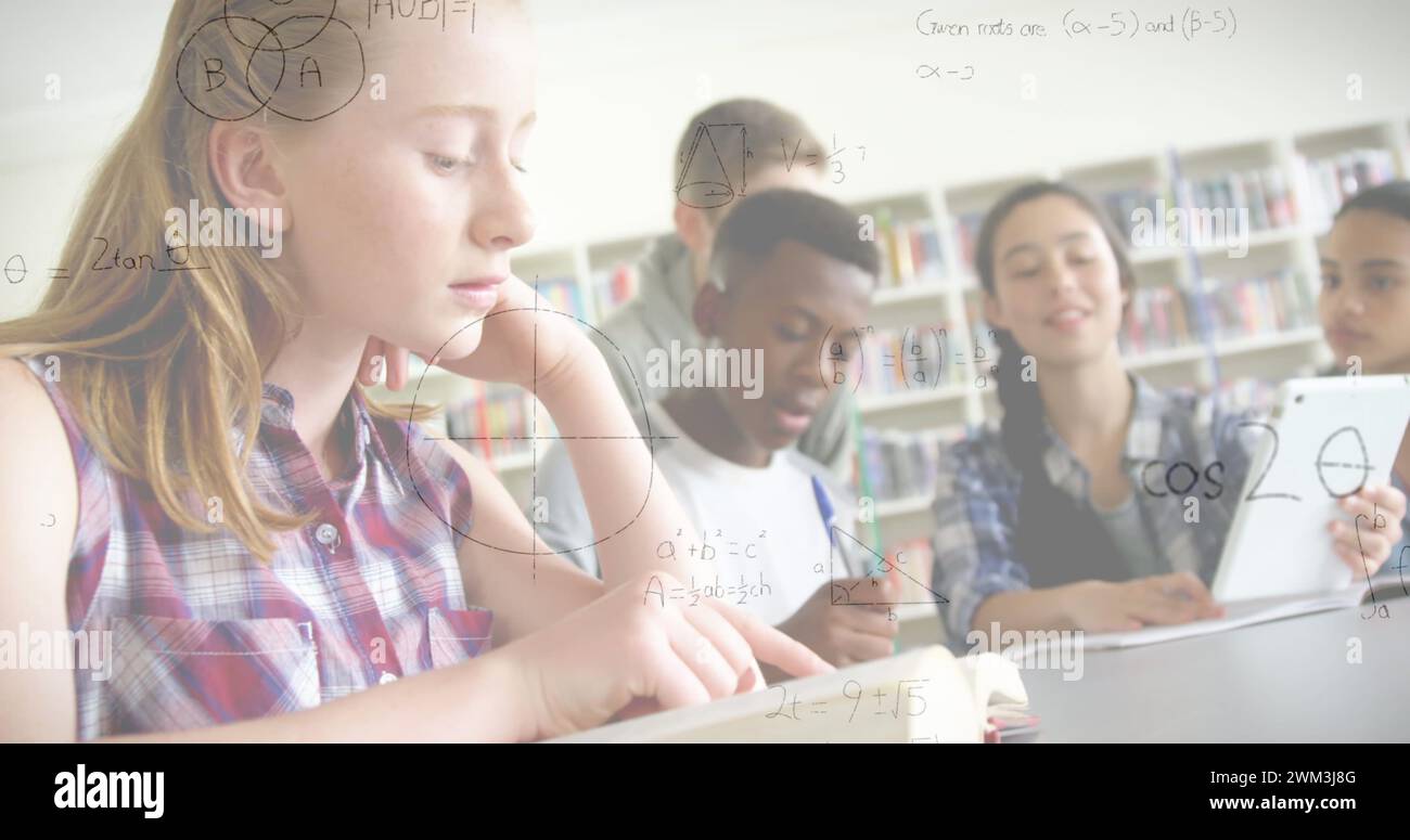 Image of mathematical formulas over students in classroom Stock Photo ...