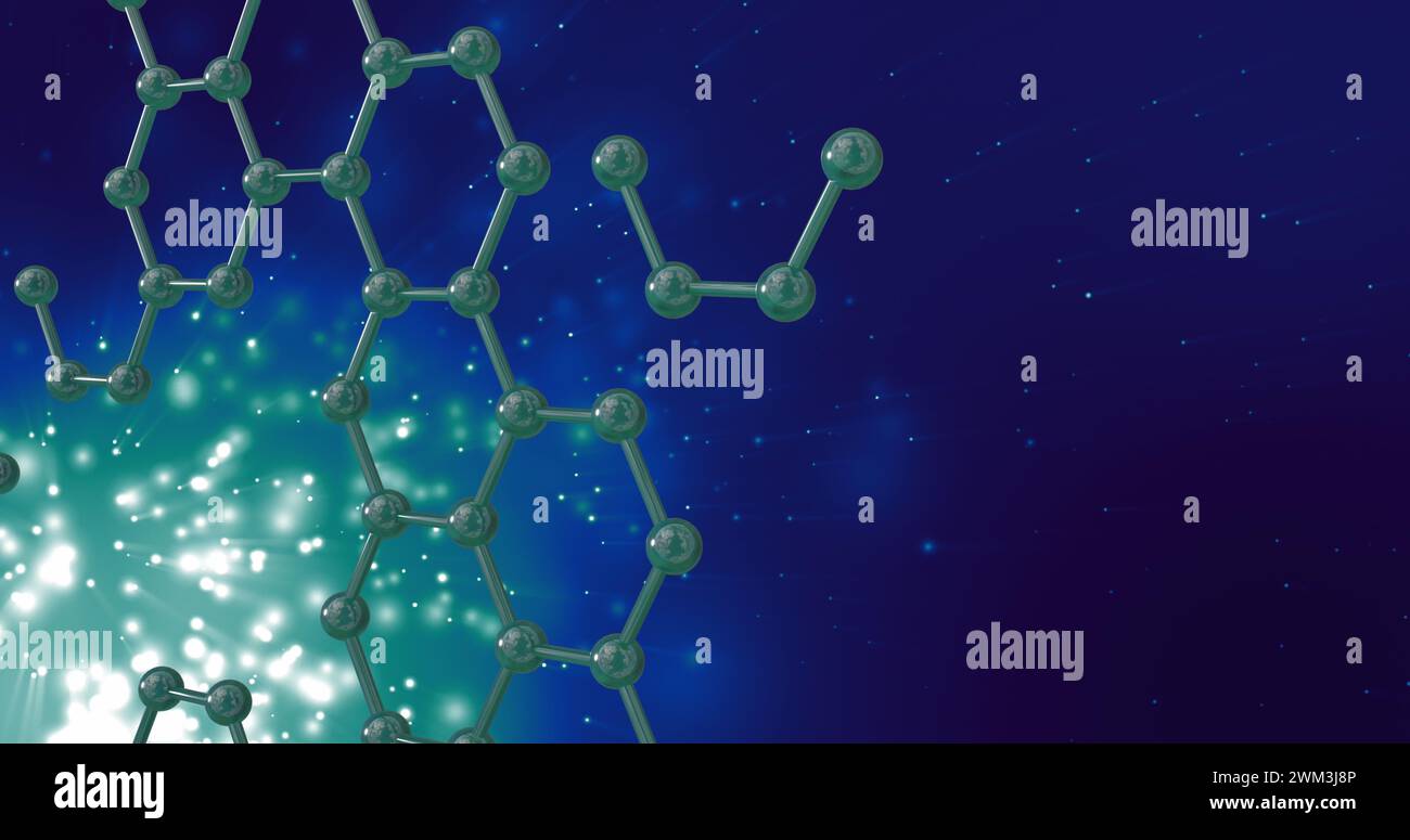 Image of micro 3d of molecules over glowing lights on blue background ...