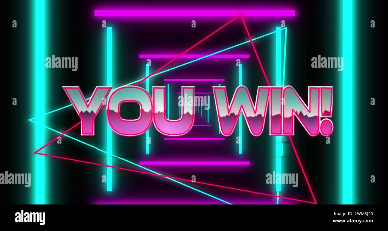 Image of you win text over moving shapes on black background. retro ...