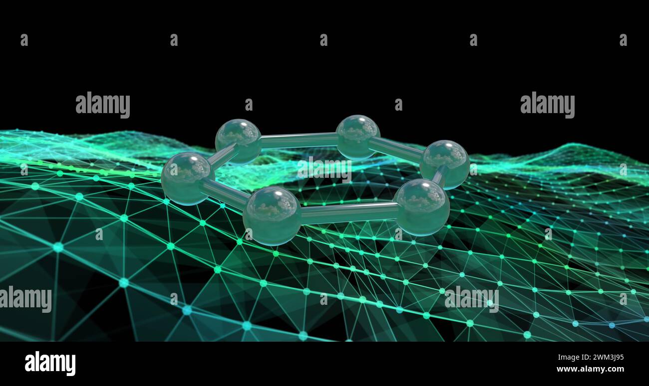 Image of 3d micro of network of molecules on green mesh and black ...