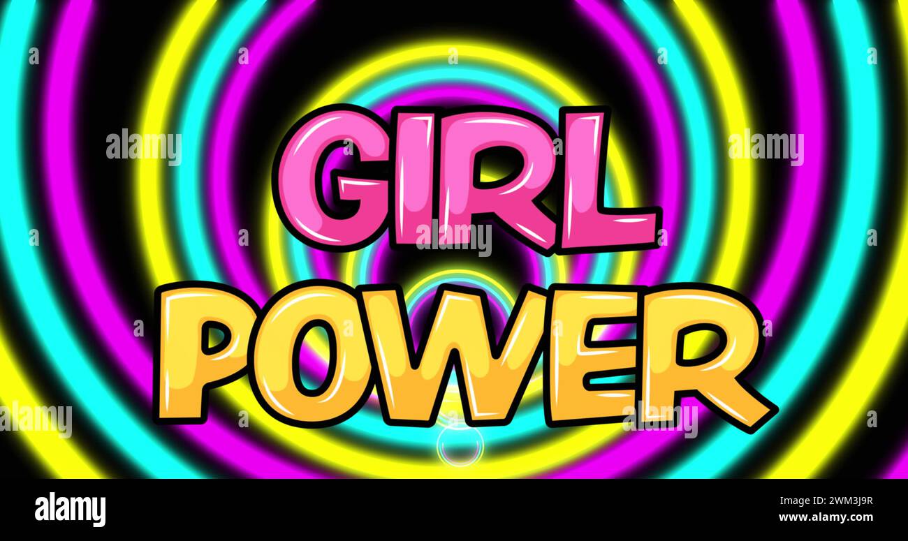 Image of girl power text over moving shapes on black background Stock ...