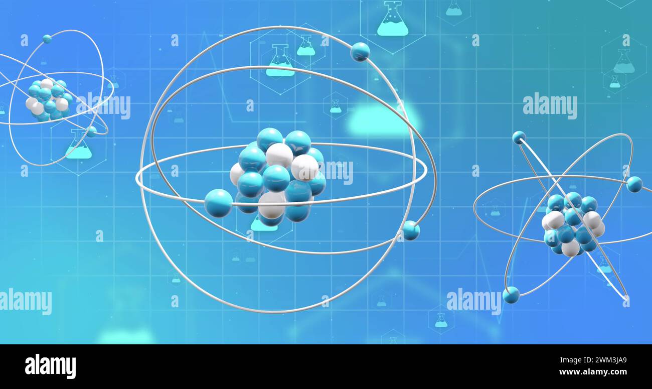 Image of 3d micro of molecules and chemistry icons on blue background ...