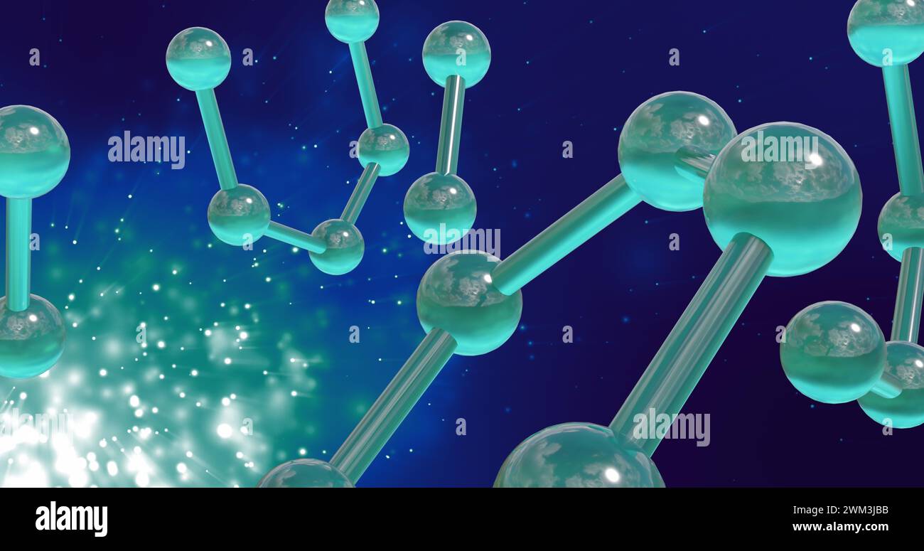 Image of micro 3d of molecules over glowing lights on blue background ...