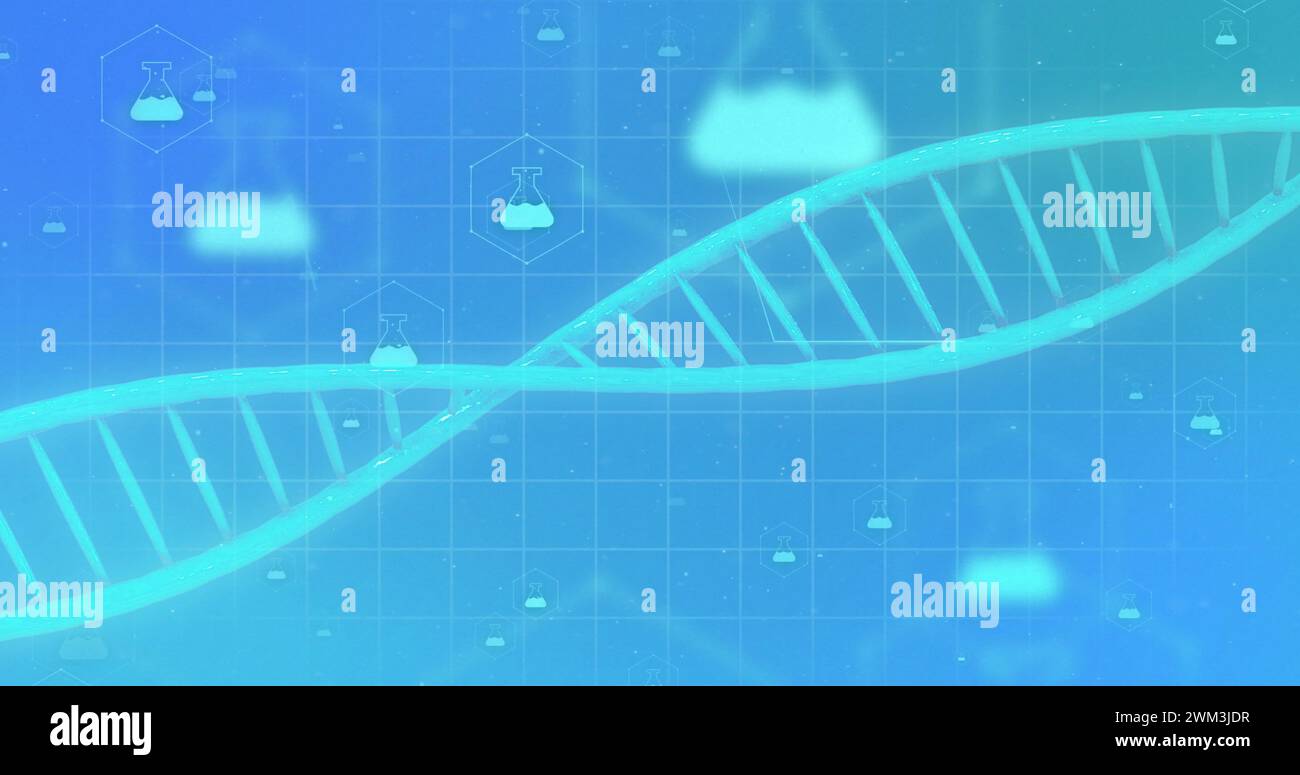 Image of 3d micro of dna strand and chemistry icons on blue background ...