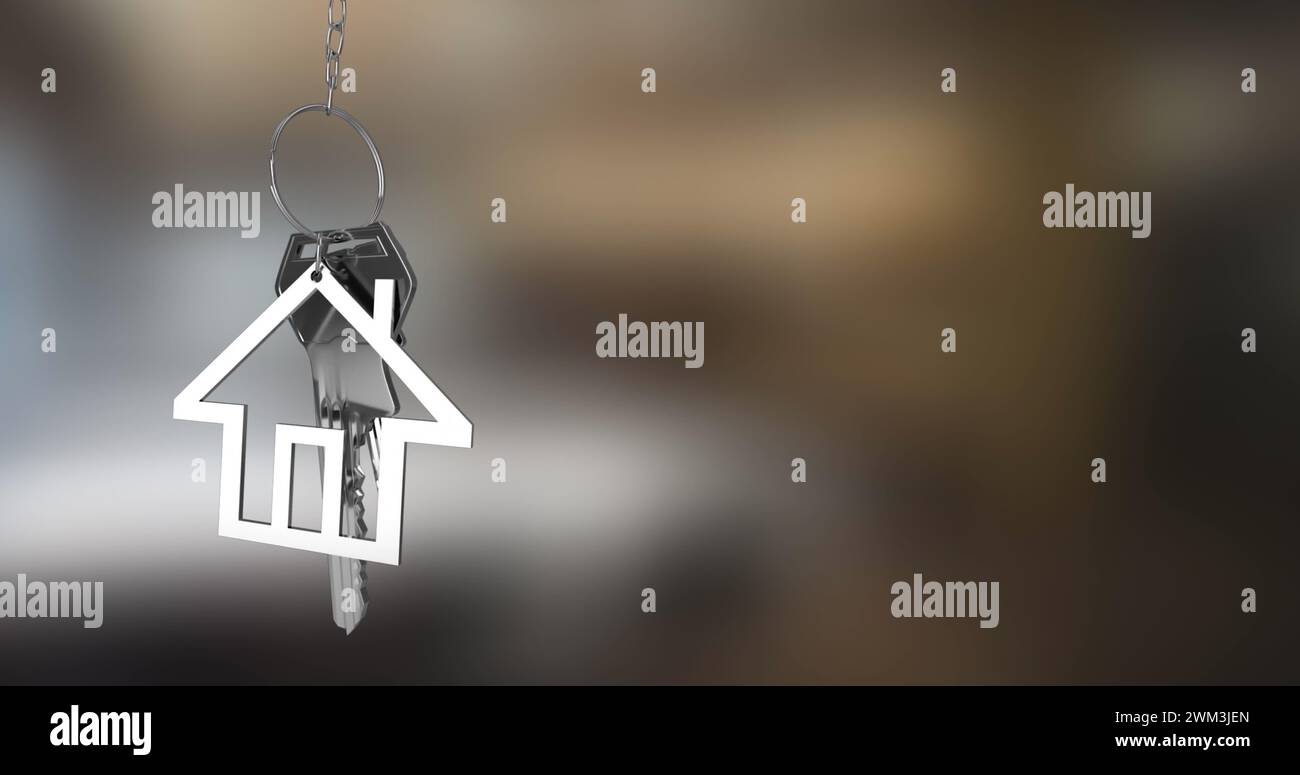Image of silver house keys and house shaped key fob hanging over out of ...