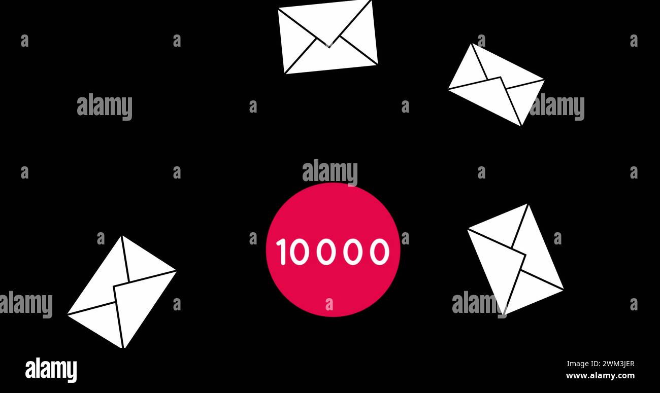 Envelope icons fall as numbers rise to 10,000 on a pink dot against a ...