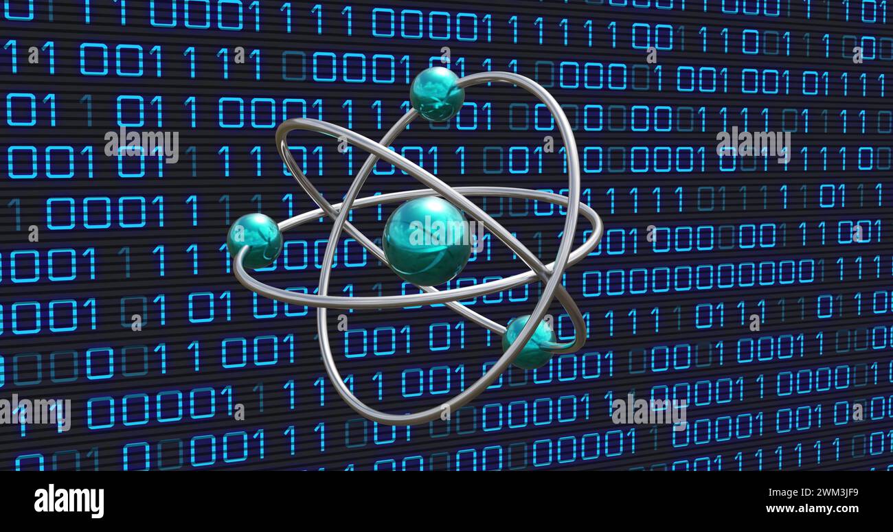Image Of Atom Over Binary Coding Data Processing On Black Background