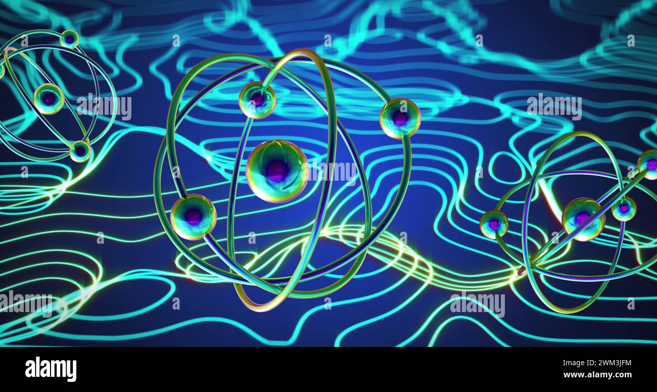 Image of micro of atom models over lines on blue background Stock Photo ...