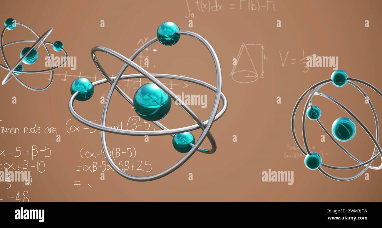 Image of micro of atom models over mathematical formulae on blue ...