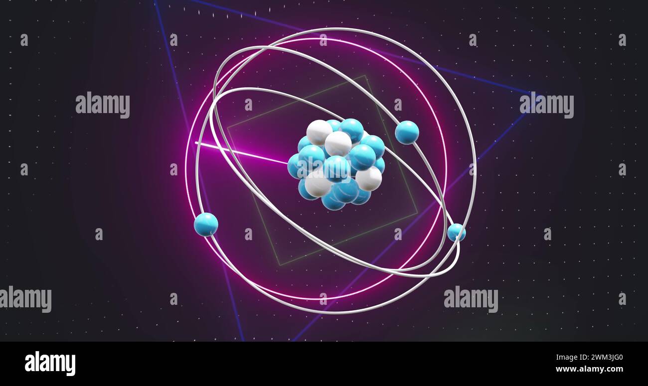 Image of micro of atom models and neon circles over black background ...