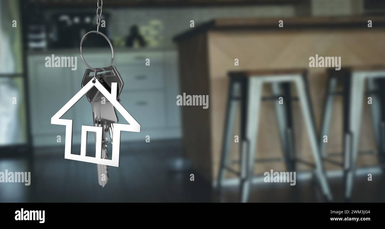 Image of silver house keys and house shaped key fob hanging over an out ...