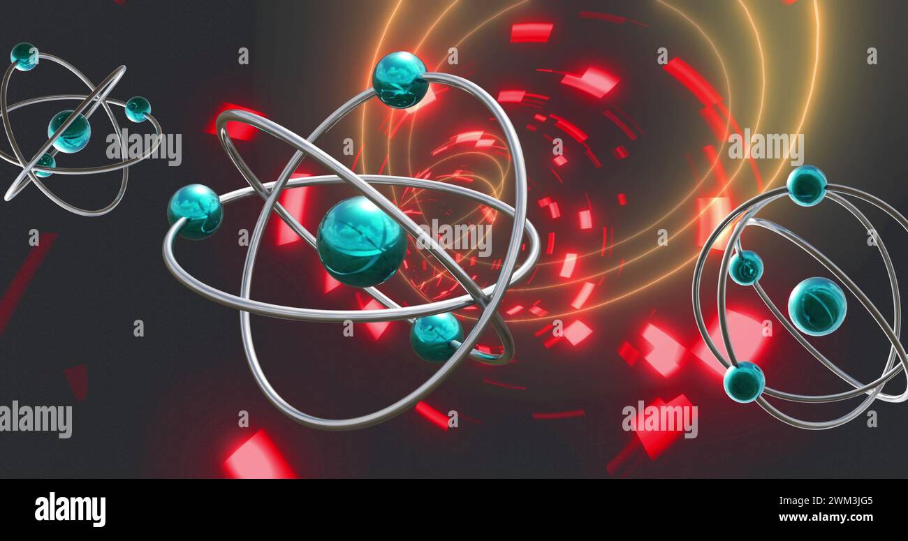 Image of micro of atom models over light trails on black background ...