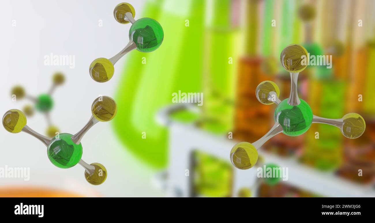 Image of micro of molecules models and laboratory beakers over white ...