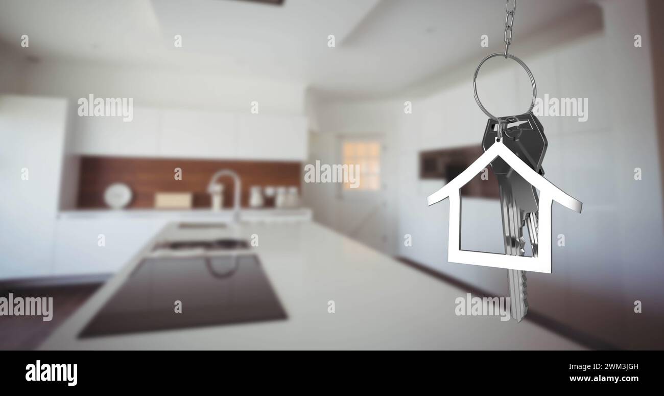 Image of silver house keys and house shaped key fob hanging over an out ...