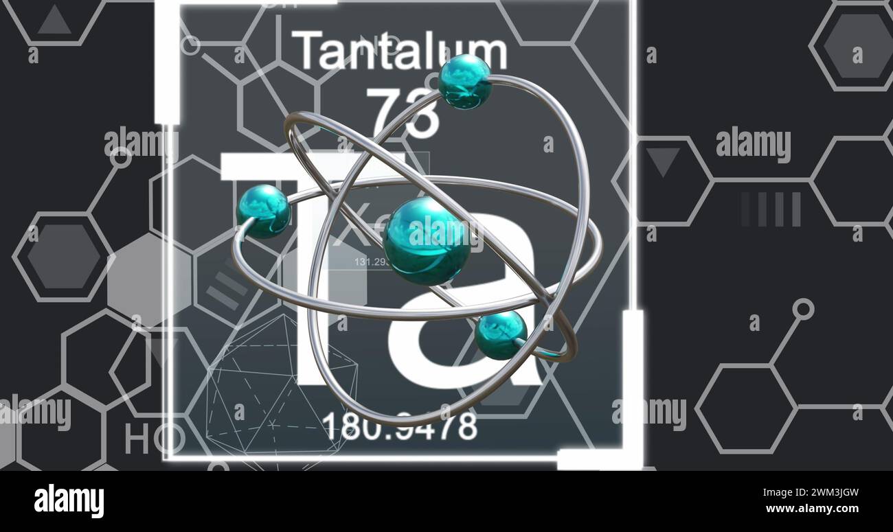 Image of micro of atom models and tantalum symbol over black background ...