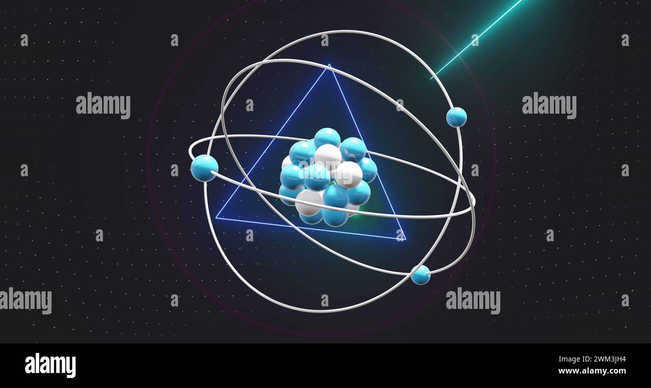 Image of micro of atom models and neon circles over black background ...