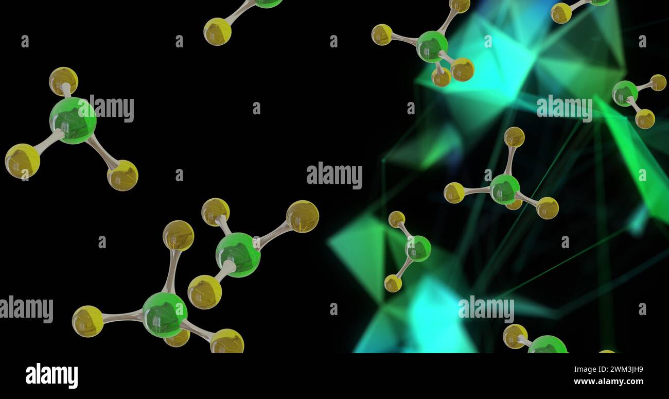 Image of 3d micro of molecules and light trails on black background ...