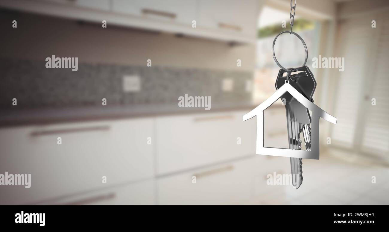 Image of silver house keys and house shaped key fob hanging over an out ...