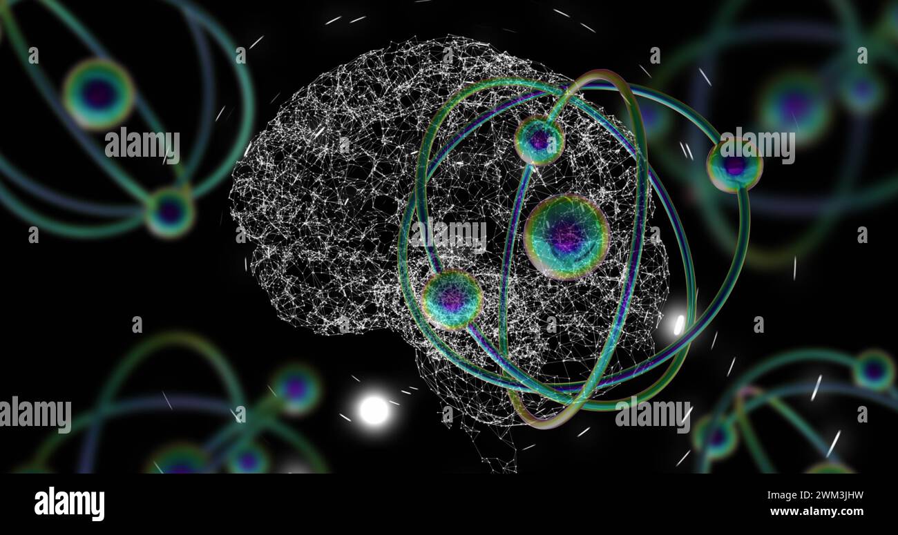 Image of 3d micro of molecules and human brain on black background ...
