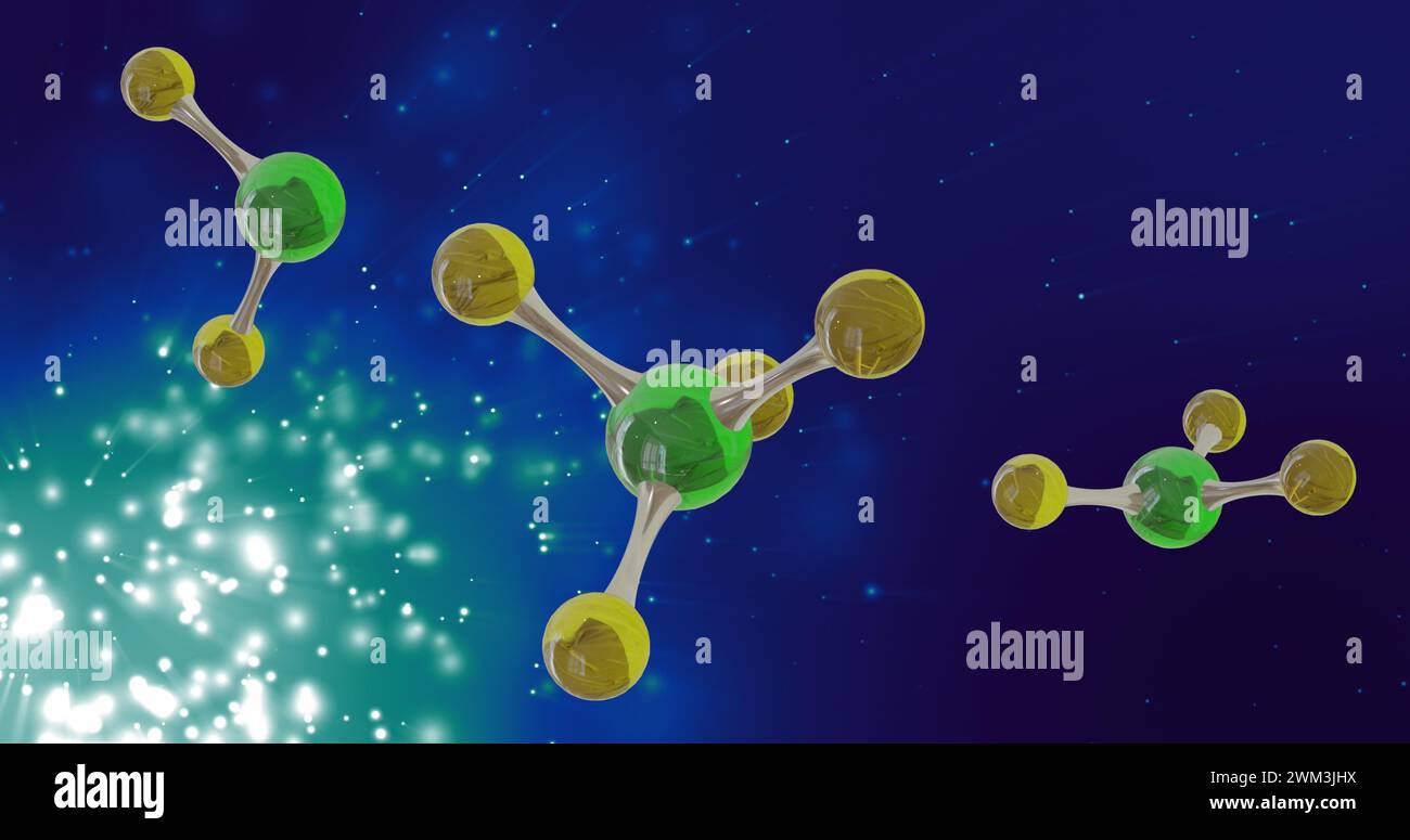 Image of micro of molecules models and light trails over blue ...