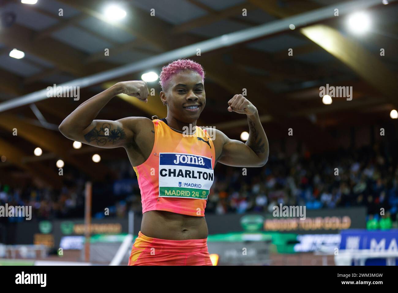DEVYNNE CHARLTON (BAH) reacts after winning the 60m Hurdles Women Final during the World ...