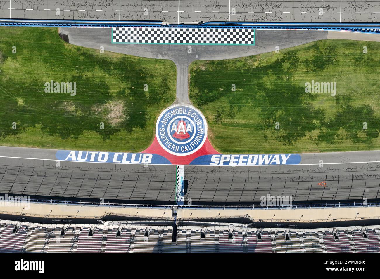 A general overall aerial view of Auto Club Speedway finish line and ...