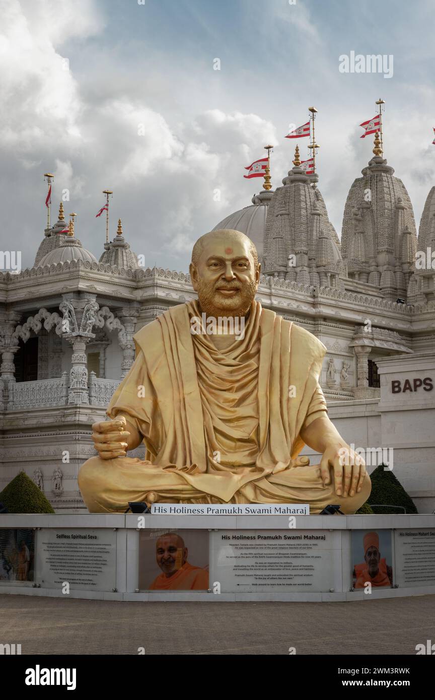 London, UK - Feb 23, 2024 - The gold colored statue of spiritual leader ...