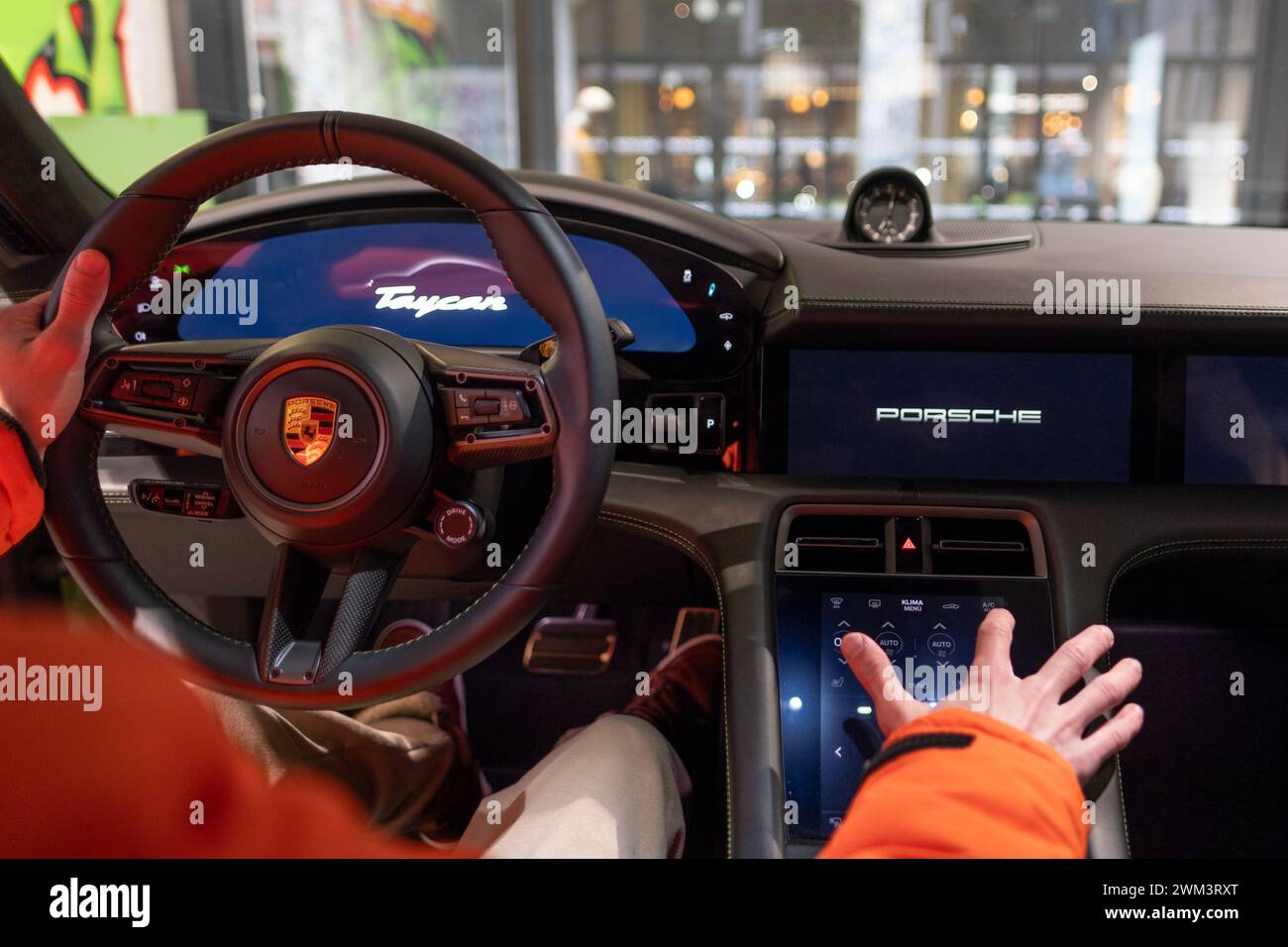 steering wheel, Interior, cockpit modern EV, man in car driving Porsche ...