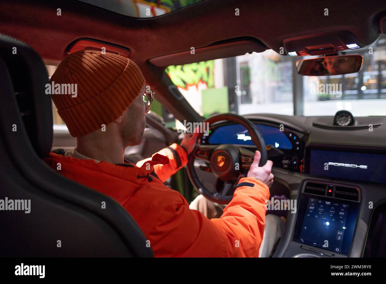 male hands on steering wheel, Interior, cockpit Porsche Taycan Turbo S ...