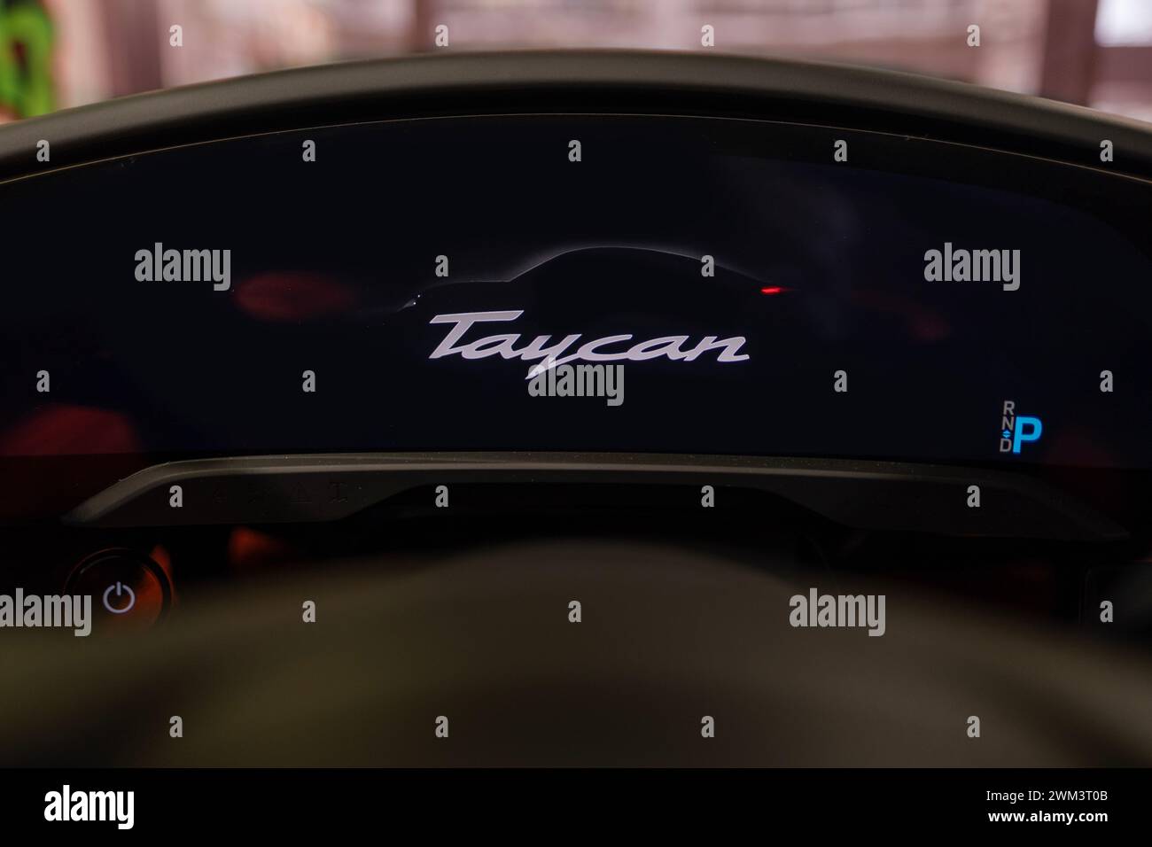 Close-up electronic display, cockpit of Porsche Taycan Turbo S battery ...