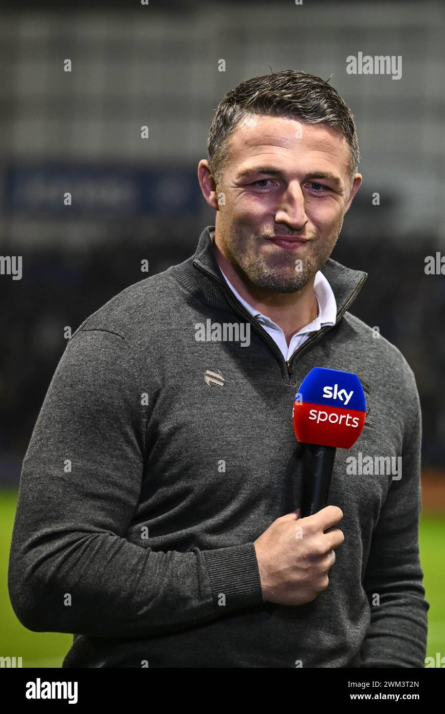 Sam Burgess Head Coach of Warrington Wolves during the pre match interview ahead of the Betfred ...