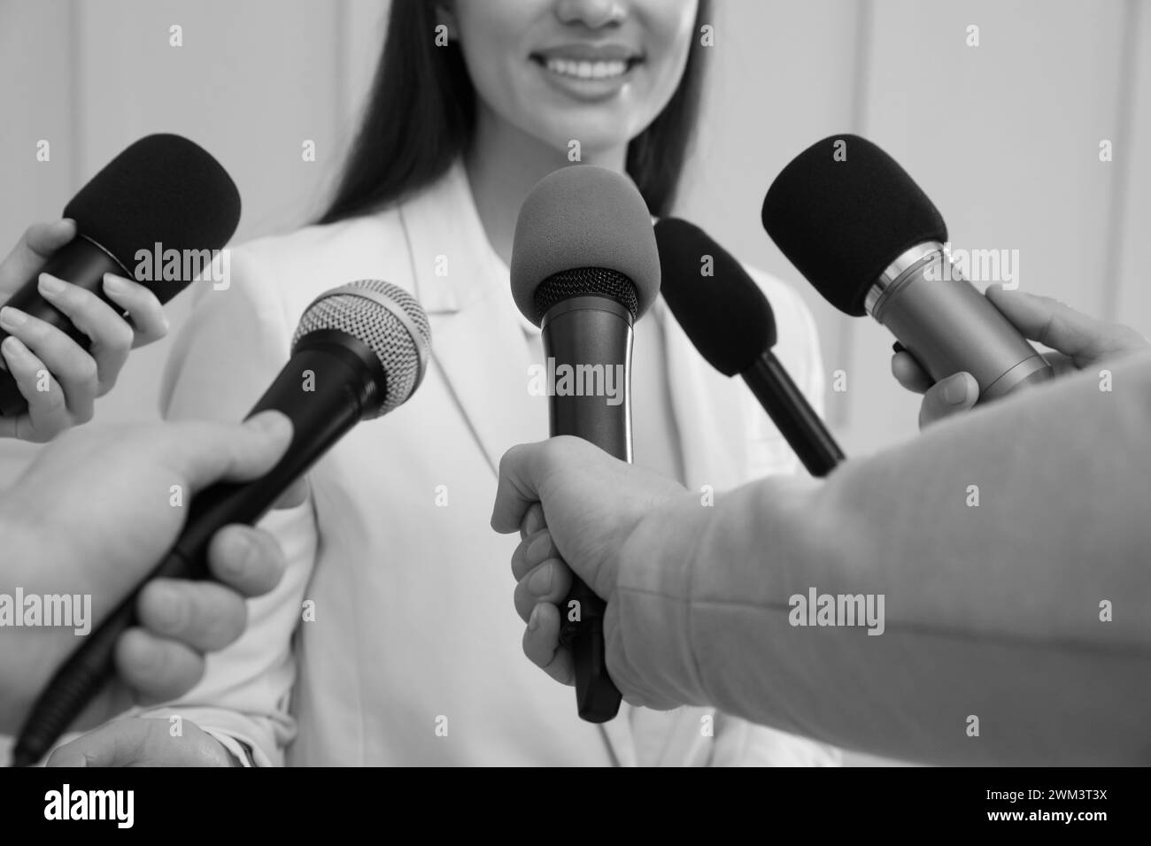 Businesswoman giving interview to journalists indoors, closeup. Black ...