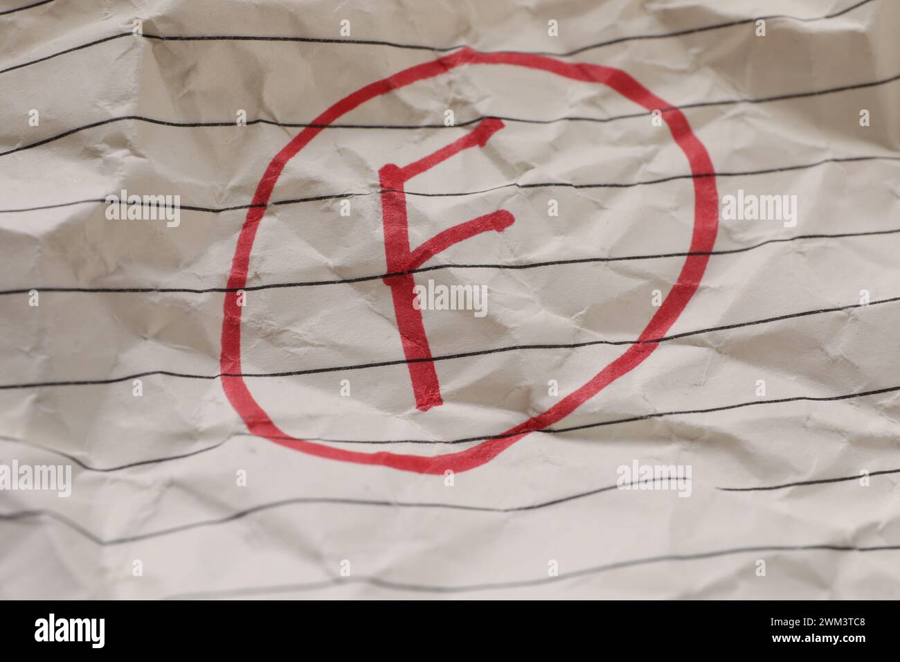 School grade. Red letter F on notebook paper, top view Stock Photo - Alamy