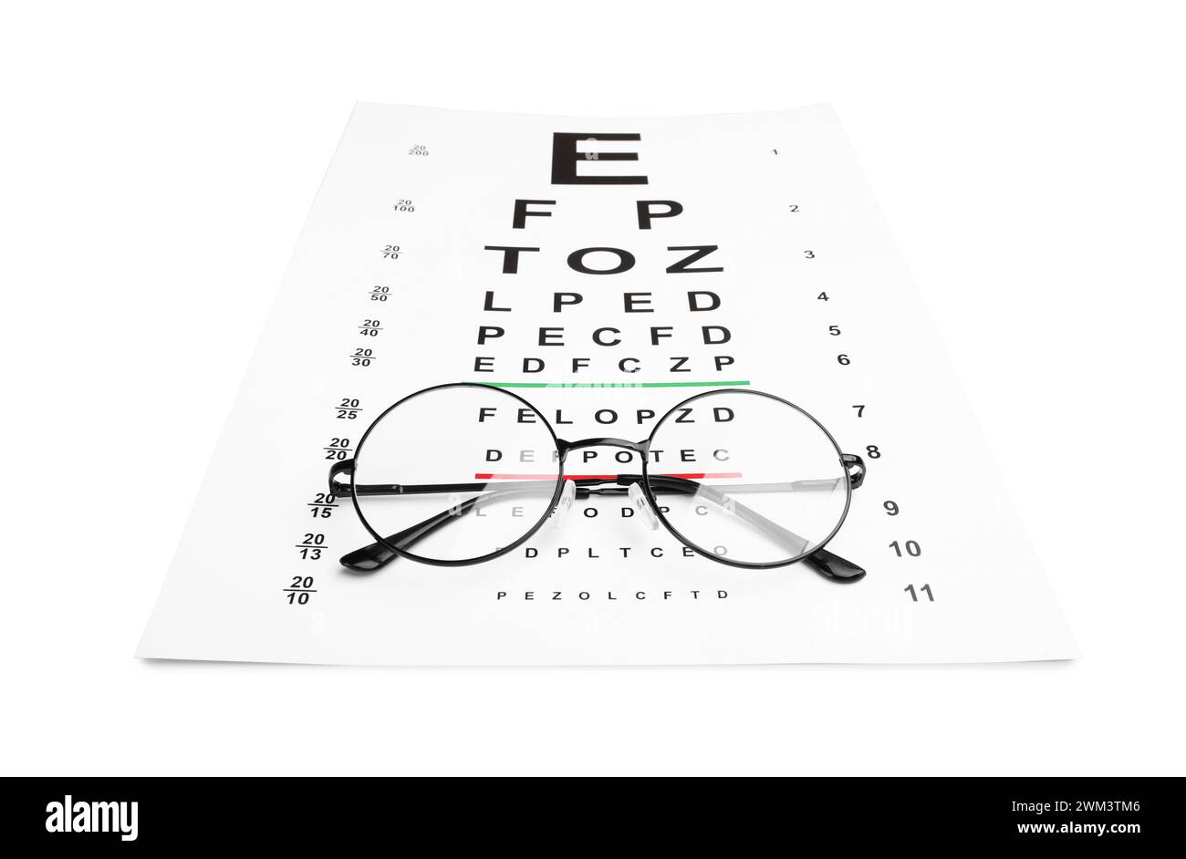 Glasses and vision test chart isolated on white Stock Photo - Alamy