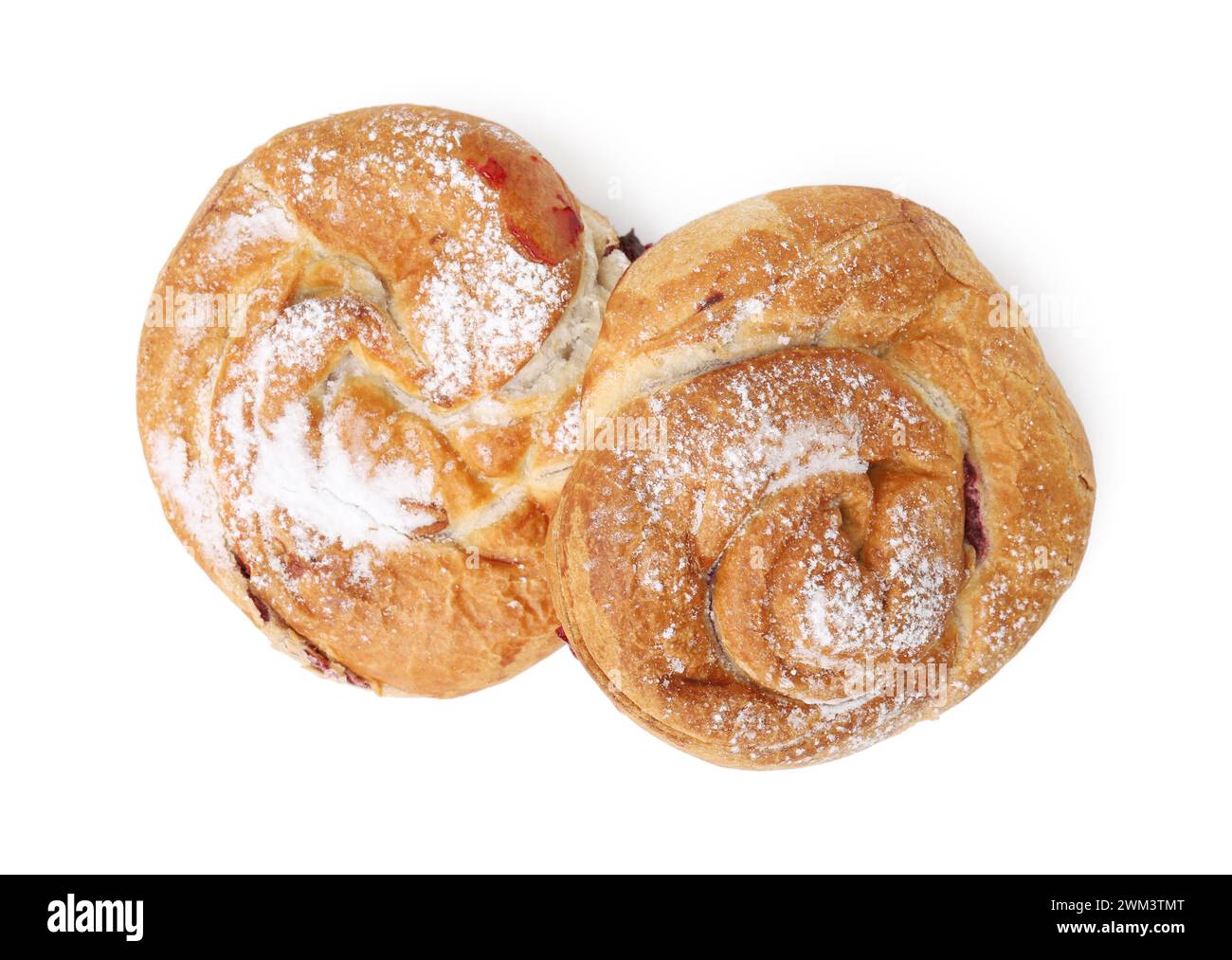 Delicious rolls with jam and powdered sugar isolated on white, top view ...