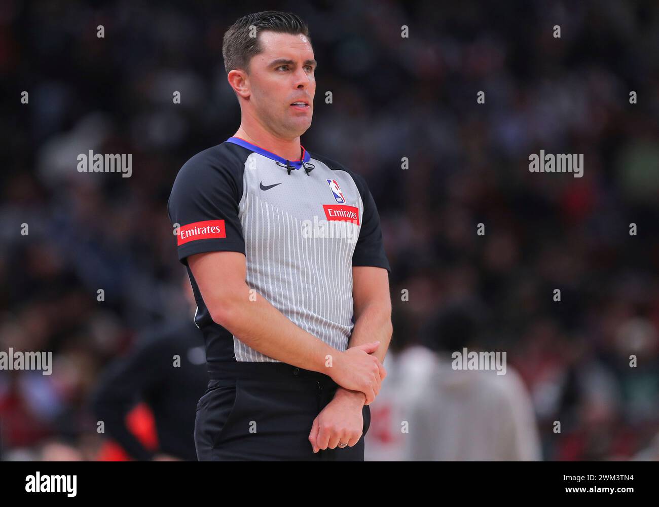 CHICAGO, IL - FEBRUARY 22: A view of the Emirates logos on referee Andy ...