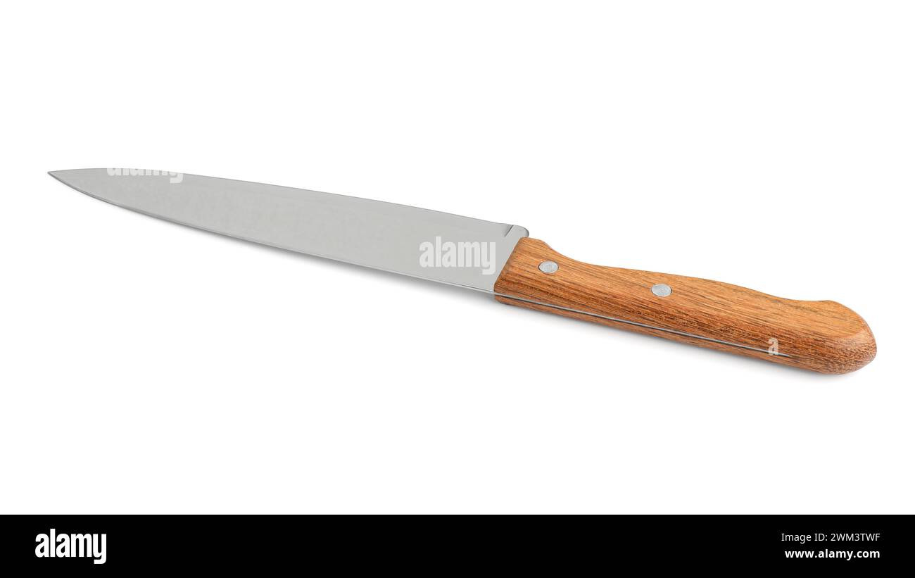One sharp knife with wooden handle isolated on white Stock Photo - Alamy